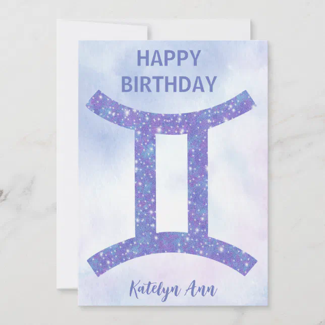 Pretty Gemini Sign Custom Purple Happy Birthday Card | Zazzle