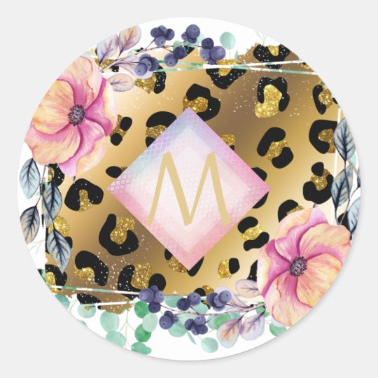 Pretty Girly Leopard Print Gold Pink Monogrammed Classic Round Sticker ...