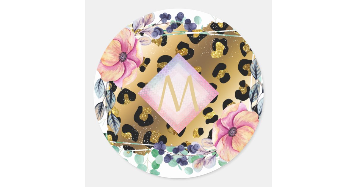 Pretty Girly Leopard Print Gold Pink Monogrammed Classic Round Sticker ...