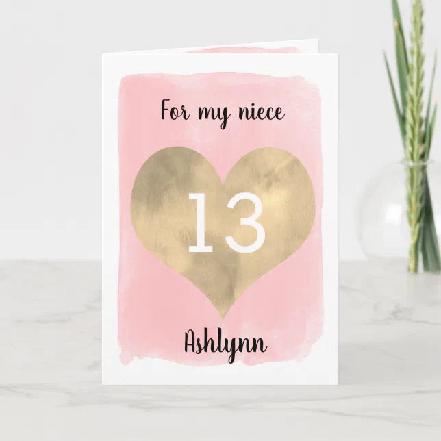 Pretty Gold and Pink 13th Birthday Niece Card | Zazzle