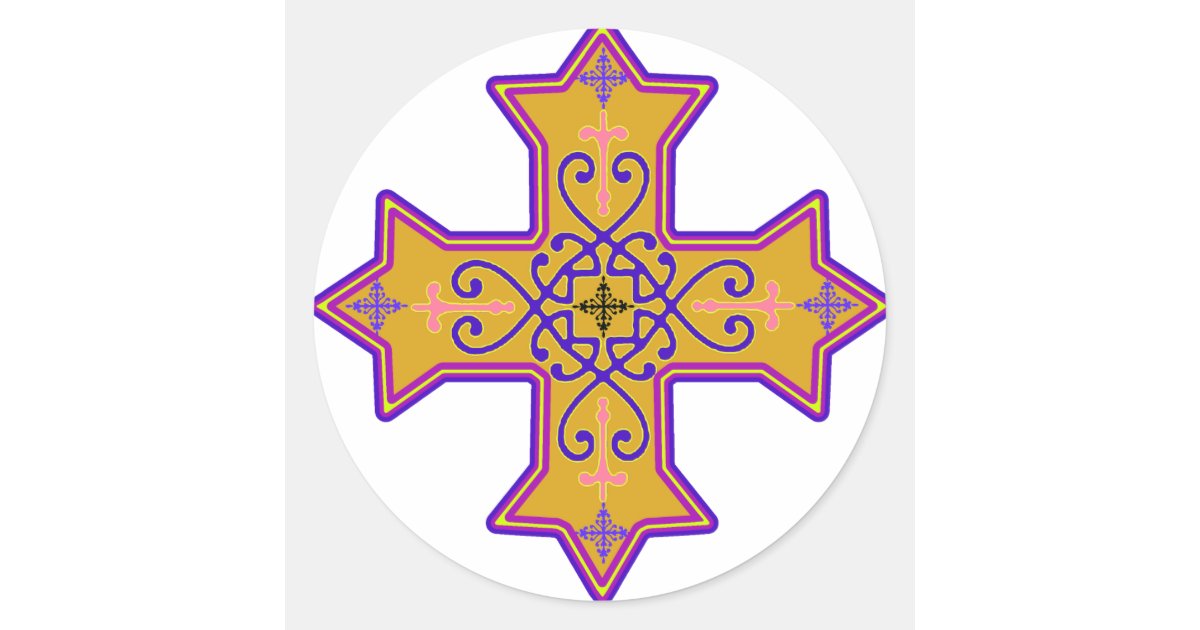 Pretty Gold and Pink Coptic Cross Classic Round Sticker | Zazzle
