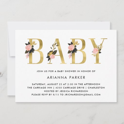Pretty Gold Floral Text | Baby Shower Invitation | Zazzle