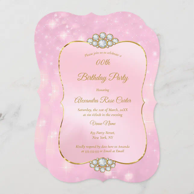 Pretty Gold Pink Diamond Birthday Party Invitation | Zazzle