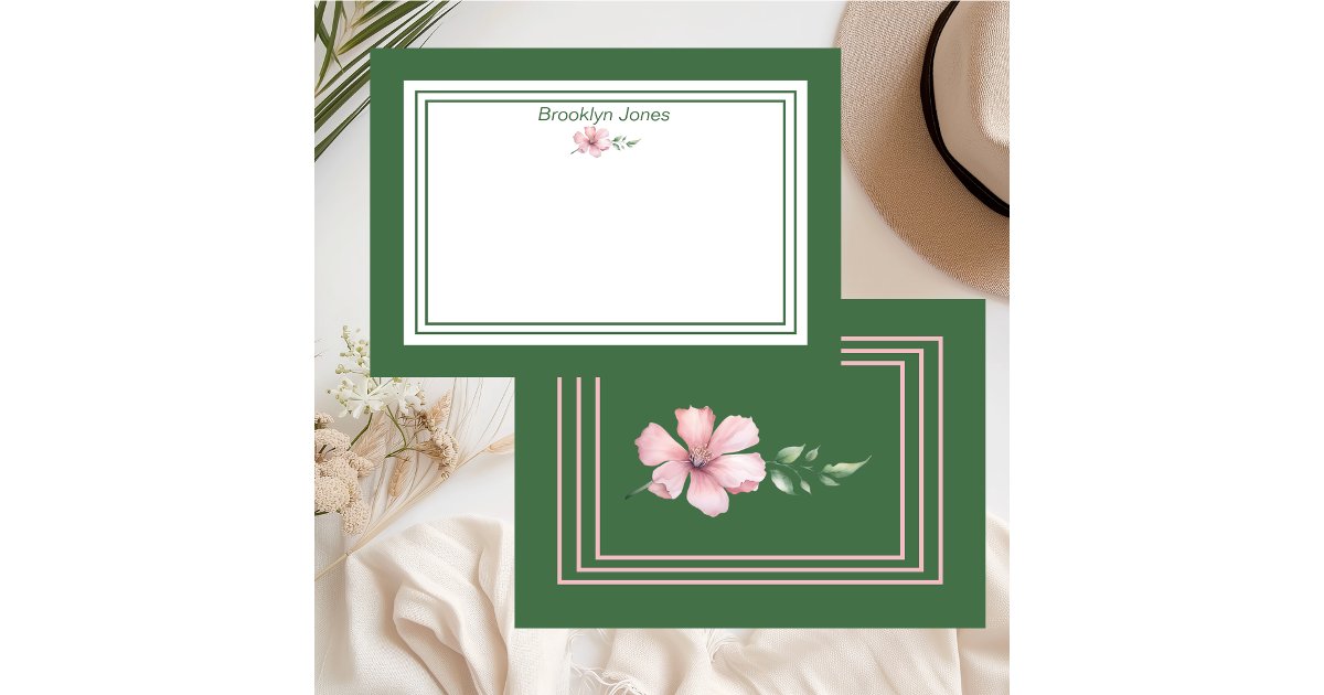 Pretty Green & Pink Floral Name Individualized Note Card | Zazzle