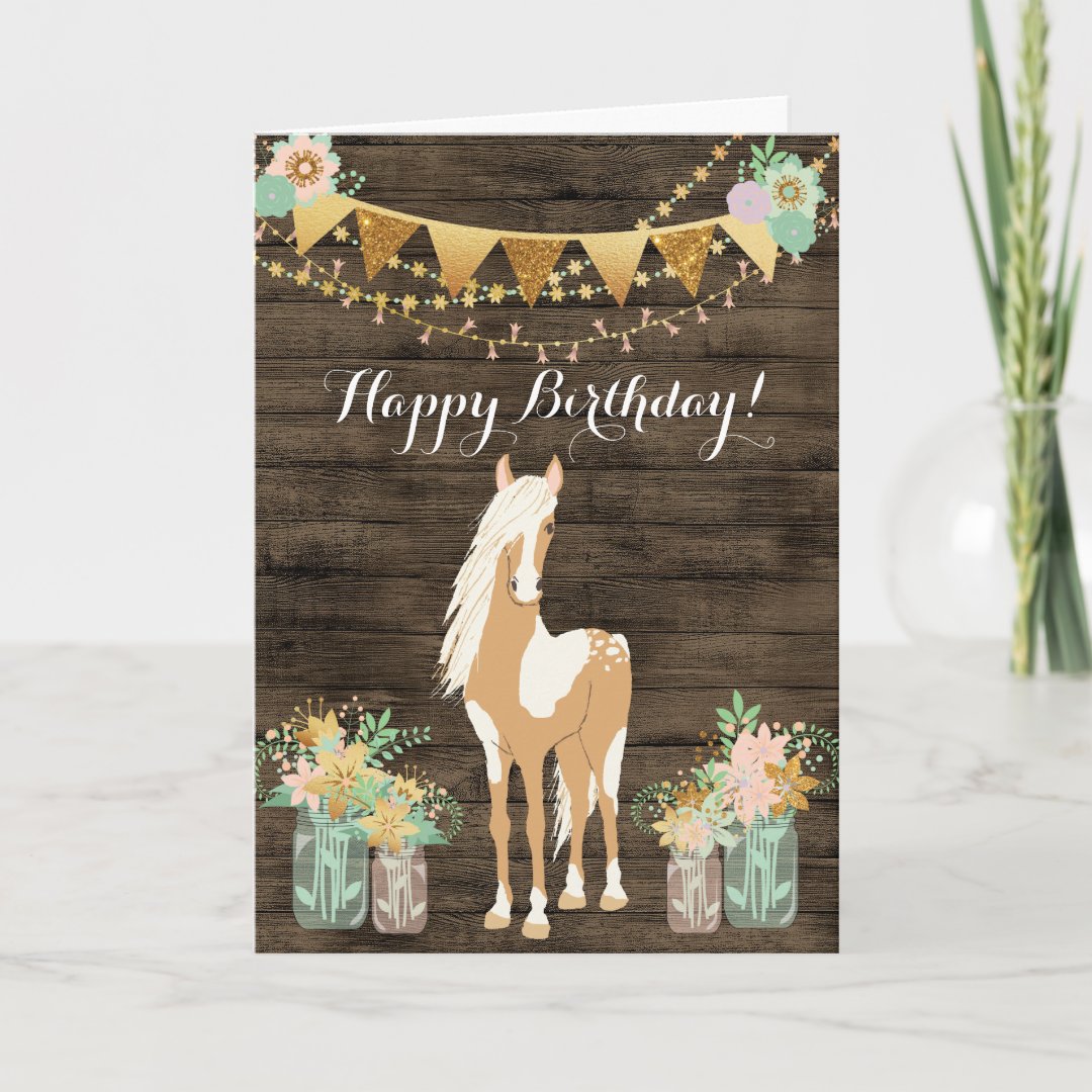 Pretty Horse and Flowers Rustic Wood Birthday Card | Zazzle