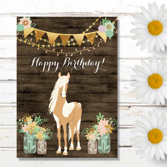 Pretty Horse and Flowers Rustic Wood Birthday Card | Zazzle
