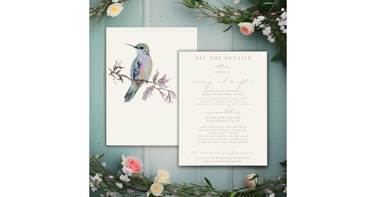 Pretty Hummingbird Wedding Details Enclosure Cards | Zazzle
