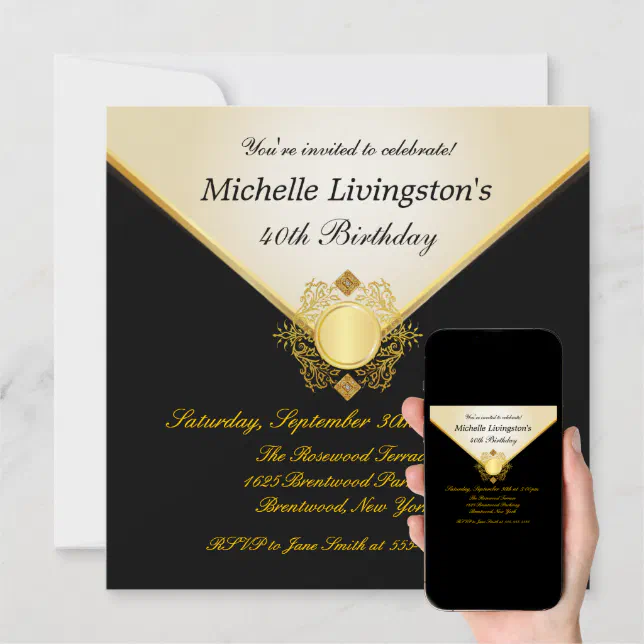 Pretty Ivory Gold Black Womens BirthdayInvitations Invitation | Zazzle