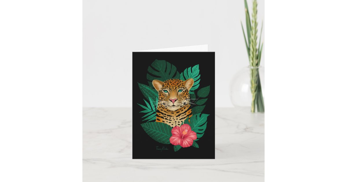 Pretty Jungle Leopard Floral Art | Green Black Note Card | Zazzle