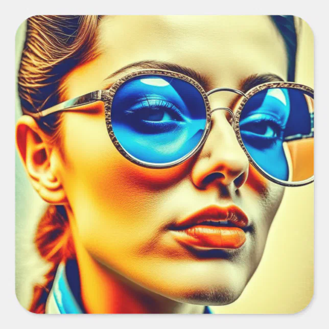 Pretty Lady with Blue Sunglasses with Reflection Square Sticker | Zazzle