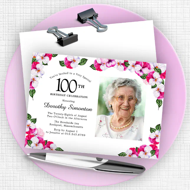 Pretty Magenta Pink White Photo 100th Birthday Invitation | Zazzle