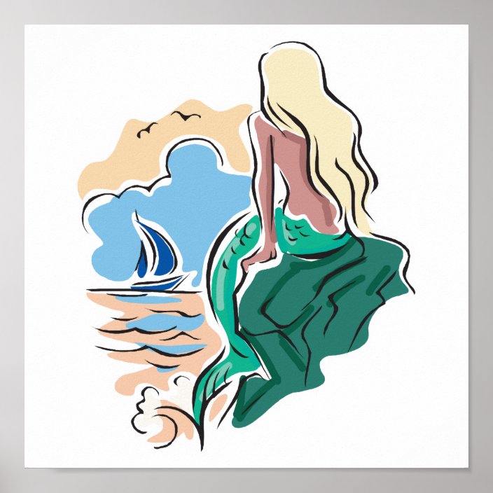 pretty mermaid sitting on rock poster | Zazzle.com