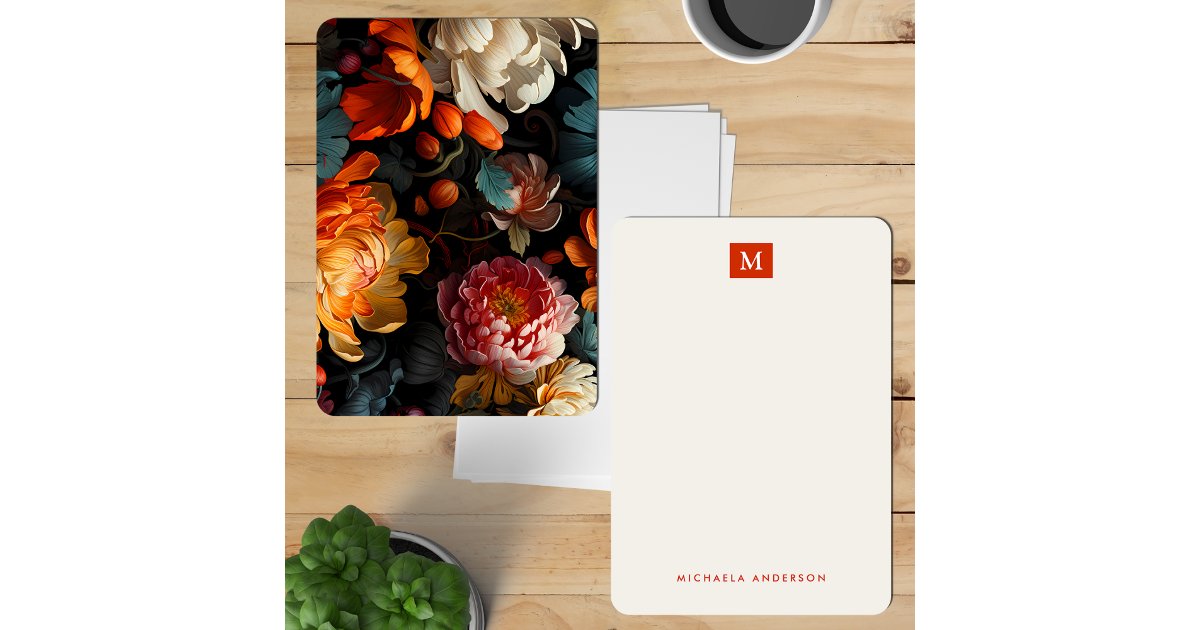 Pretty Modern Colorful Flowers Monogram & Name Note Card | Zazzle
