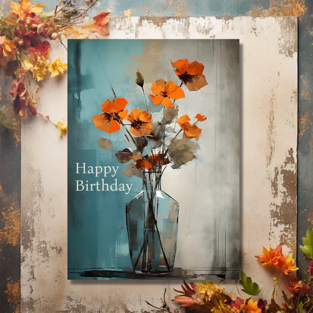 Pretty Modern Flowers and Vase Happy Birthday Card | Zazzle