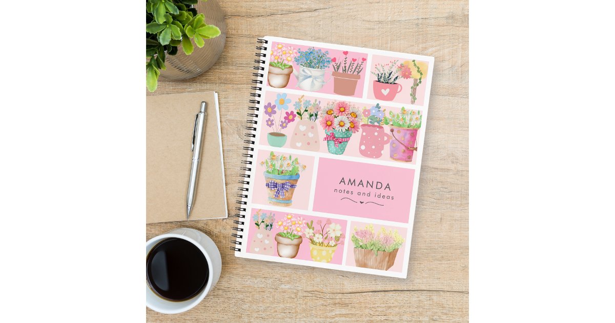 Pretty modern pink elegant flower pots notebook | Zazzle