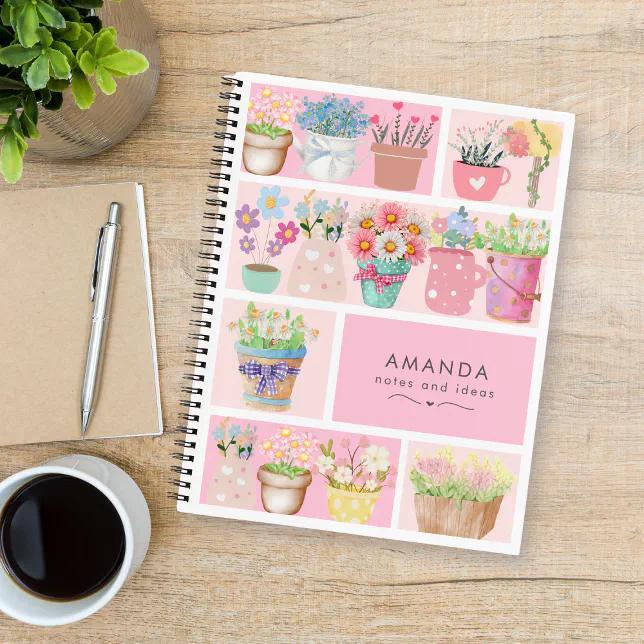 Pretty modern pink elegant flower pots notebook | Zazzle