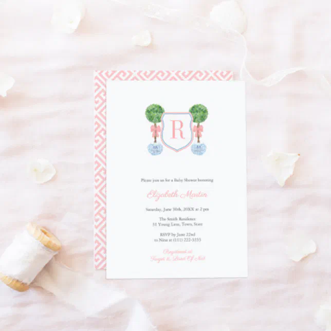 Pretty Monogram Box Topiary Girl Baby Shower Party Invitation | Zazzle