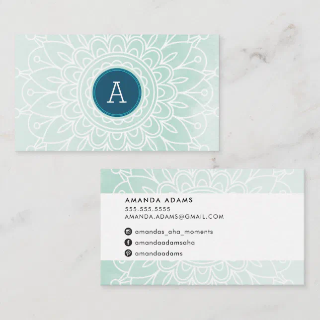 PRETTY MONOGRAM modern boho mandala pattern mint Business Card | Zazzle