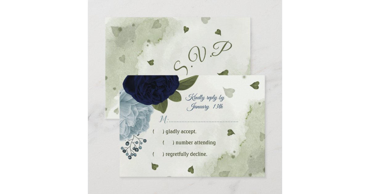 pretty navy & dusty blue flowers greenery RSVP card | Zazzle