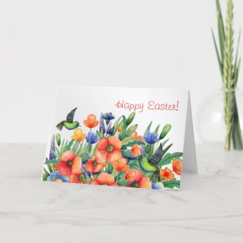 Pretty Orange Floral Hummingbird Easter Holiday Card | Zazzle