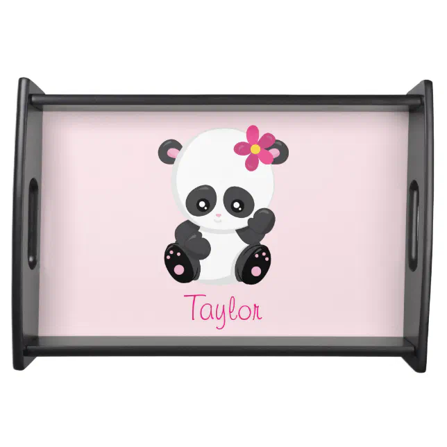 Pretty Panda Personalize Pink and Black Serving Tray | Zazzle