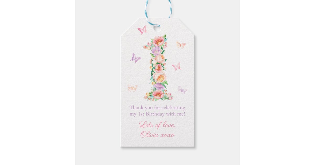 Pretty Pastel Floral Butterfly 1st Birthday Party Gift Tags | Zazzle