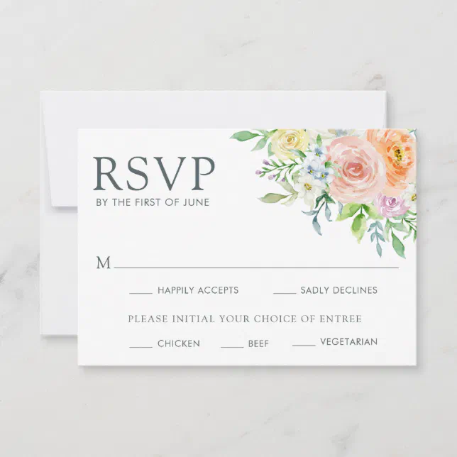Pretty Pastel Floral Meal Choice Wedding RSVP Card | Zazzle