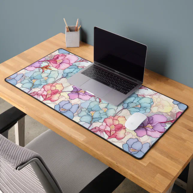 Pretty Pastel Floral Stained Glass Pink & Blue Desk Mat | Zazzle
