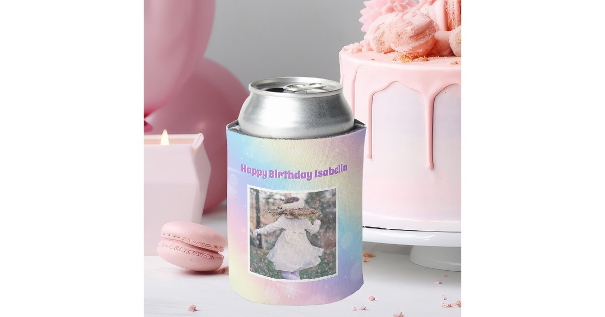 Pretty Pastel Rainbow Sparkle Girls Birthday Party Can Cooler | Zazzle