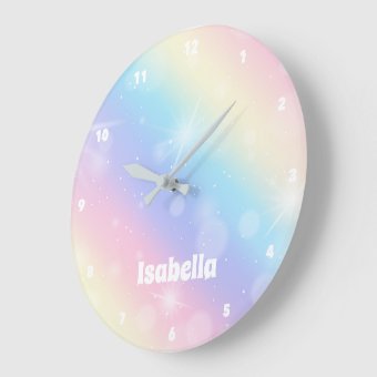 Pretty Pastel Rainbow Sparkle Monogram Girly Kids Large Clock | Zazzle
