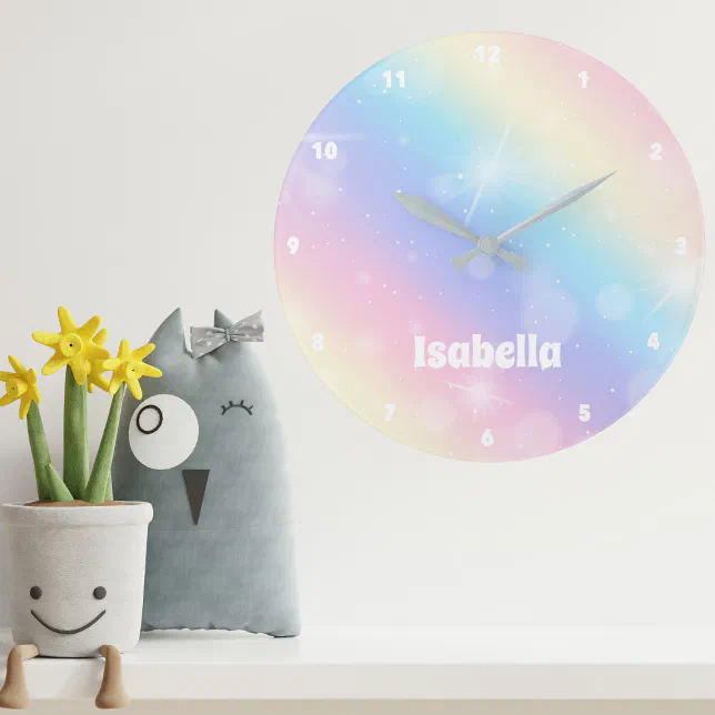 Pretty Pastel Rainbow Sparkle Monogram Girly Kids Large Clock | Zazzle