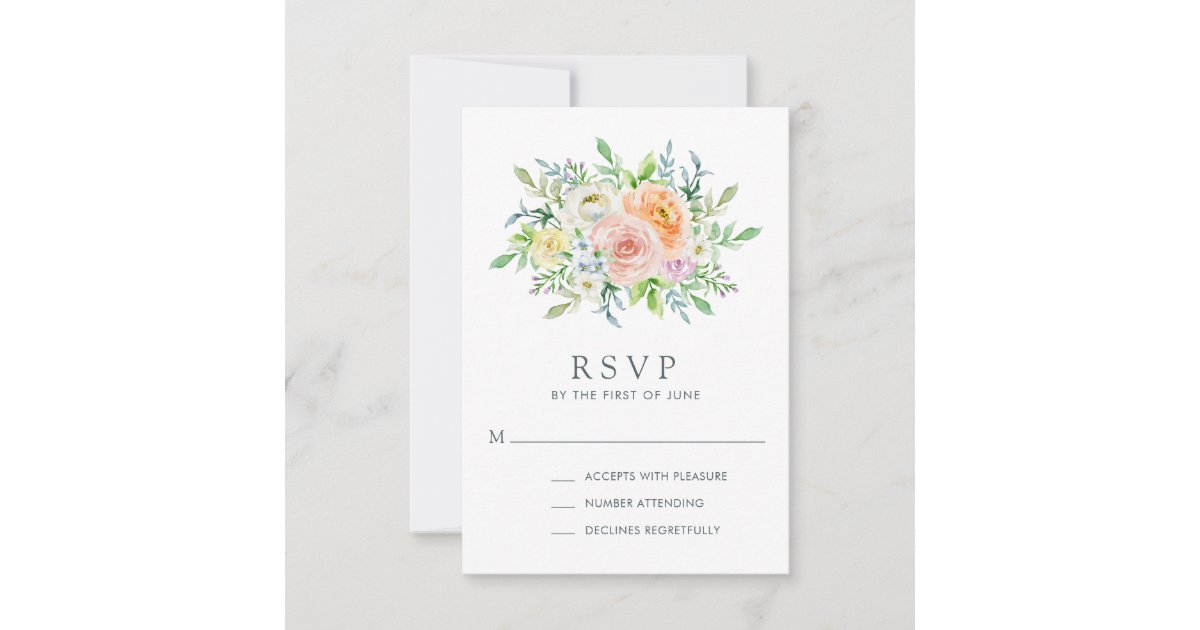 Pretty Pastel Watercolor Floral Bouquet Wedding RSVP Card | Zazzle.com