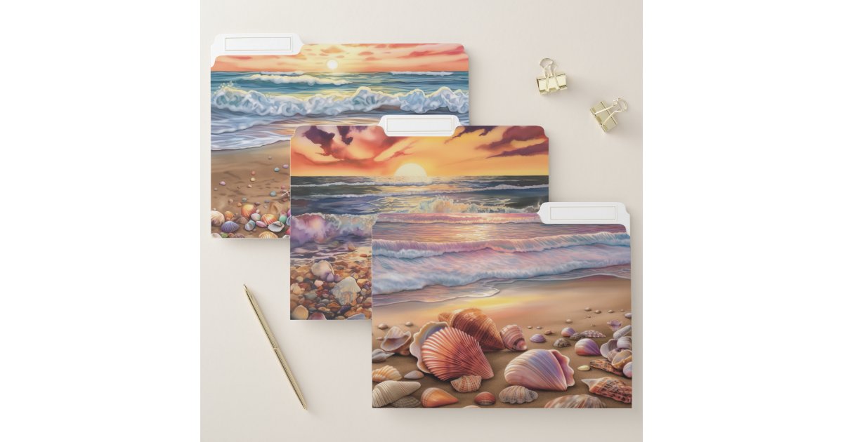 PRETTY PEACEFUL BEACH SEASHELLS OCEAN SCENES FILE FOLDER | Zazzle