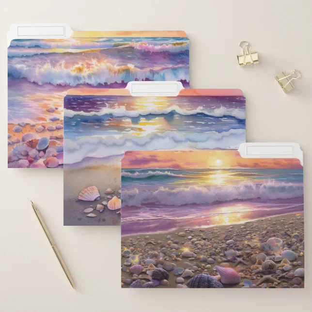 PRETTY PEACEFUL BEACH SEASHELLS OCEAN SCENES FILE FOLDER | Zazzle