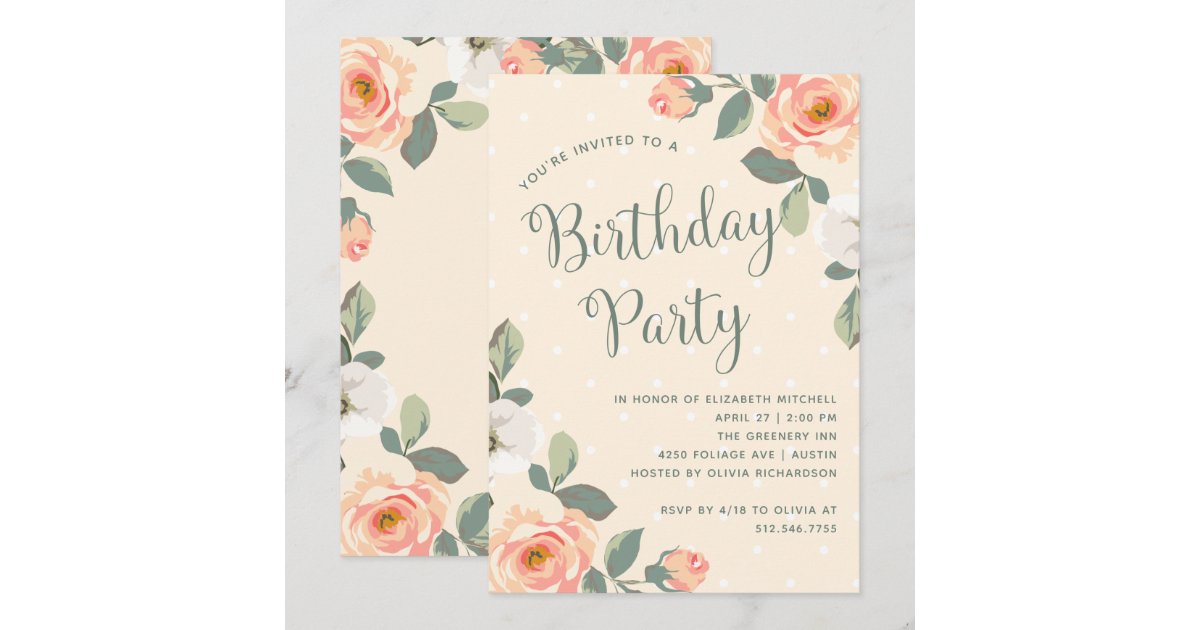 Pretty Peach Floral | Birthday Party Invitation | Zazzle