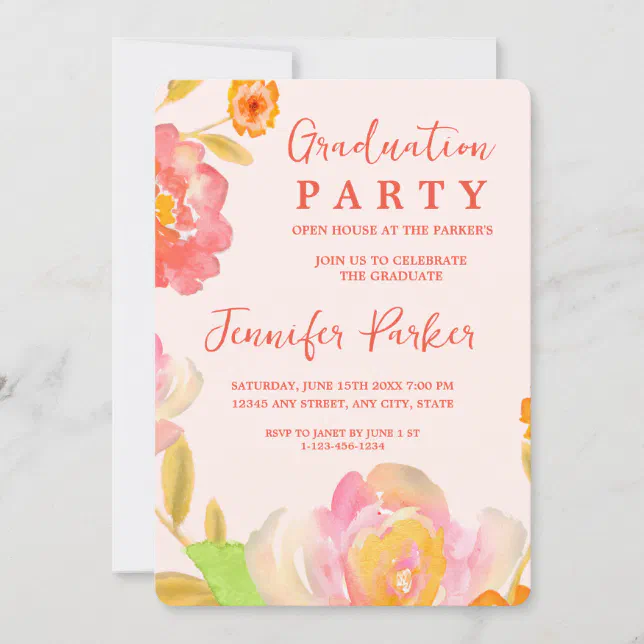 Pretty Peach Floral Graduation Party Invitation | Zazzle