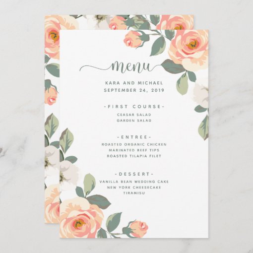 Pretty Peach Floral | Wedding Menu | Zazzle