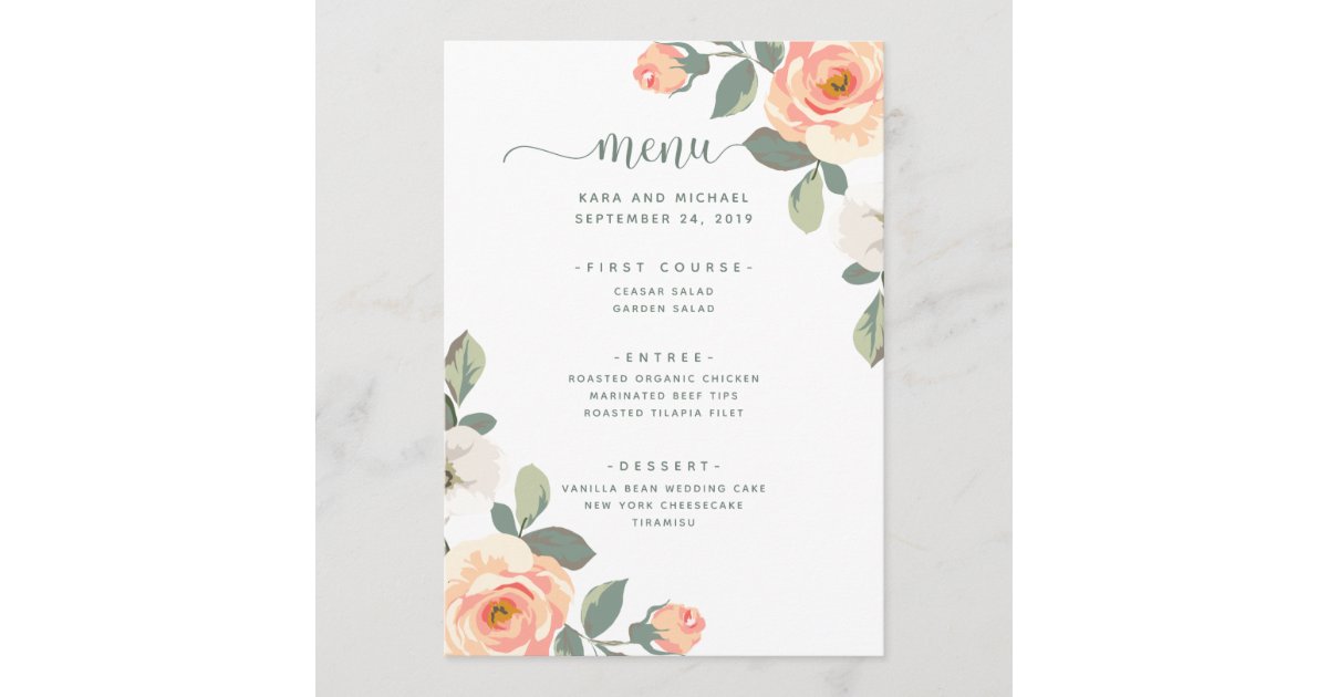 Pretty Peach Floral | Wedding Menu | Zazzle