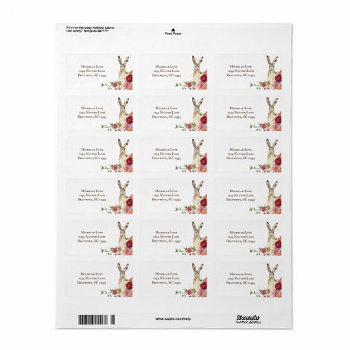 Pretty Peony Flowers and Bunny Rabbit Address Label | Zazzle