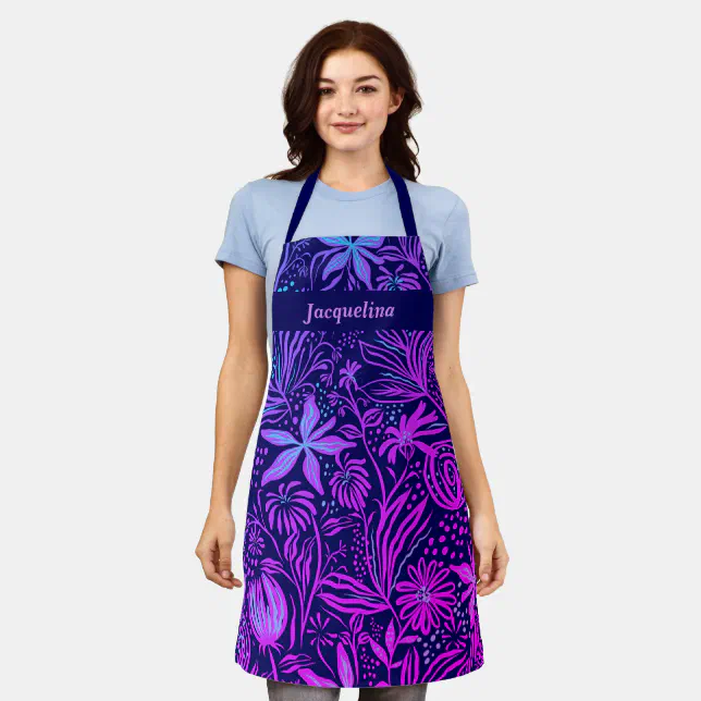 Pretty Personalized Navy Hot Pink Floral Apron | Zazzle
