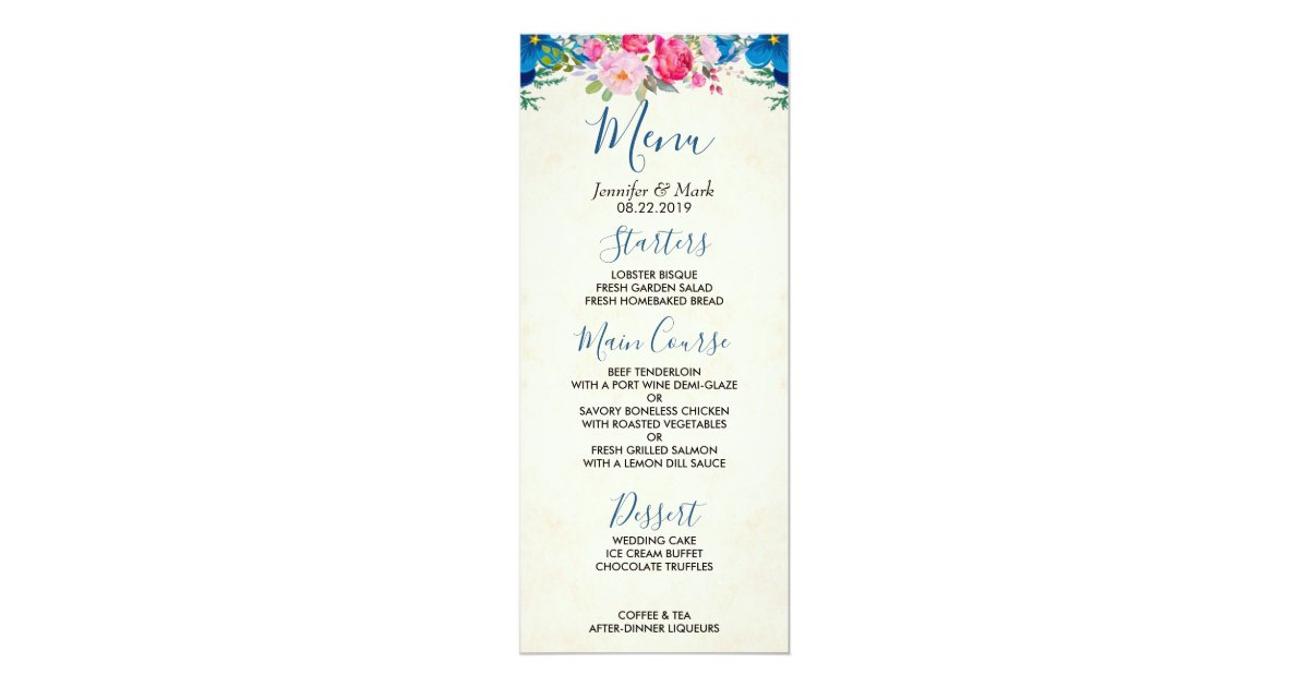 Pretty Pink and Blue Flower Border Wedding Menu Invitation | Zazzle.com