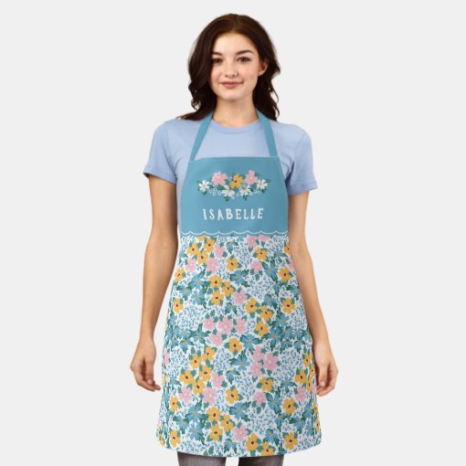 Pretty Pink Blue Yellow Floral Pattern Apron | Zazzle