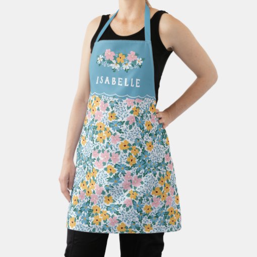 Pretty Pink Blue Yellow Floral Pattern Apron | Zazzle