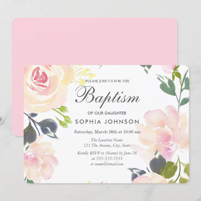 Pretty Pink Blush Flowers Baby Girl Baptism Invite | Zazzle