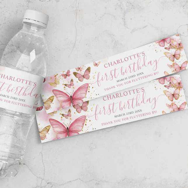 Pretty Pink Butterflies 1st Birthday Sweet 16 XV Water Bottle Label ...