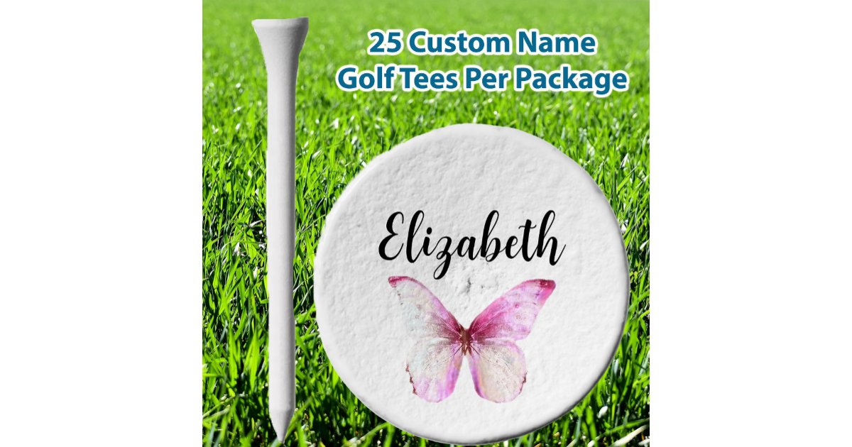 Pretty pink butterfly with custom name ladies golf tees | Zazzle