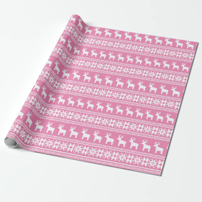Pretty Pink Christmas Deer Snowflake Pattern Wrapping Paper | Zazzle