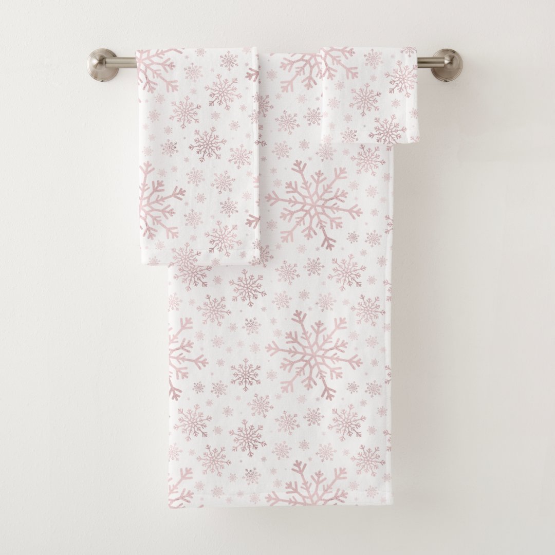 Pretty Pink Christmas Snowflakes on Winter White Bath Towel Set | Zazzle