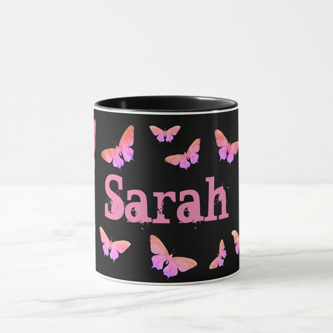 Pretty Pink Cool Butterfly Pop Art Add Name Sarah Mug | Zazzle