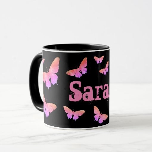 Pretty Pink Cool Butterfly Pop Art Add Name Sarah Mug | Zazzle